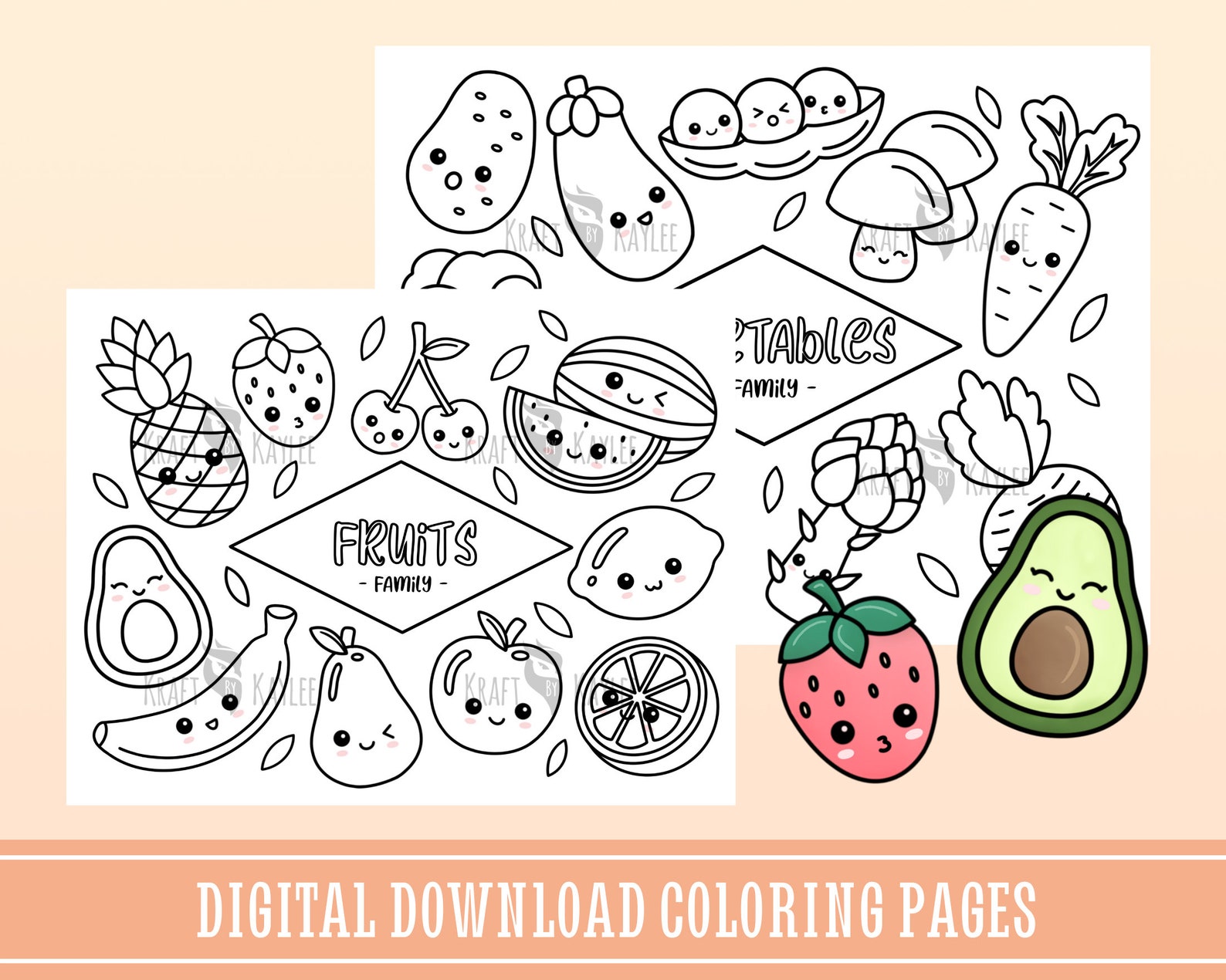 Fruits and Vegetables Coloring Pages (set of 2), Cute Kawaii Coloring ...