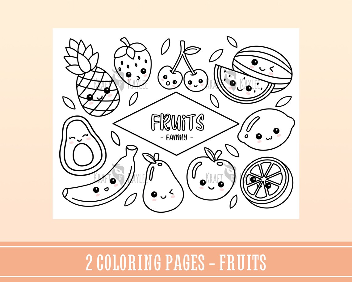 Fruits and Vegetables Coloring Pages (set of 2), Cute Kawaii Coloring ...