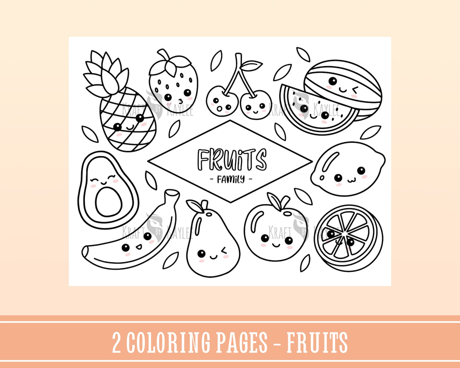 Fruits and Vegetables Coloring Pages (set of 2), Cute Kawaii Coloring ...