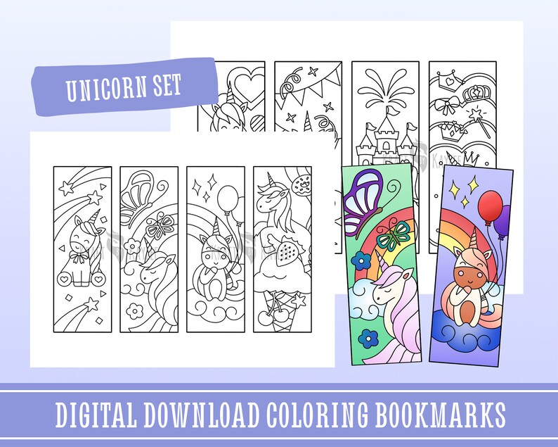 Unicorn Set Coloring Bookmarks (set of 8), Coloring Pages, Printable ...