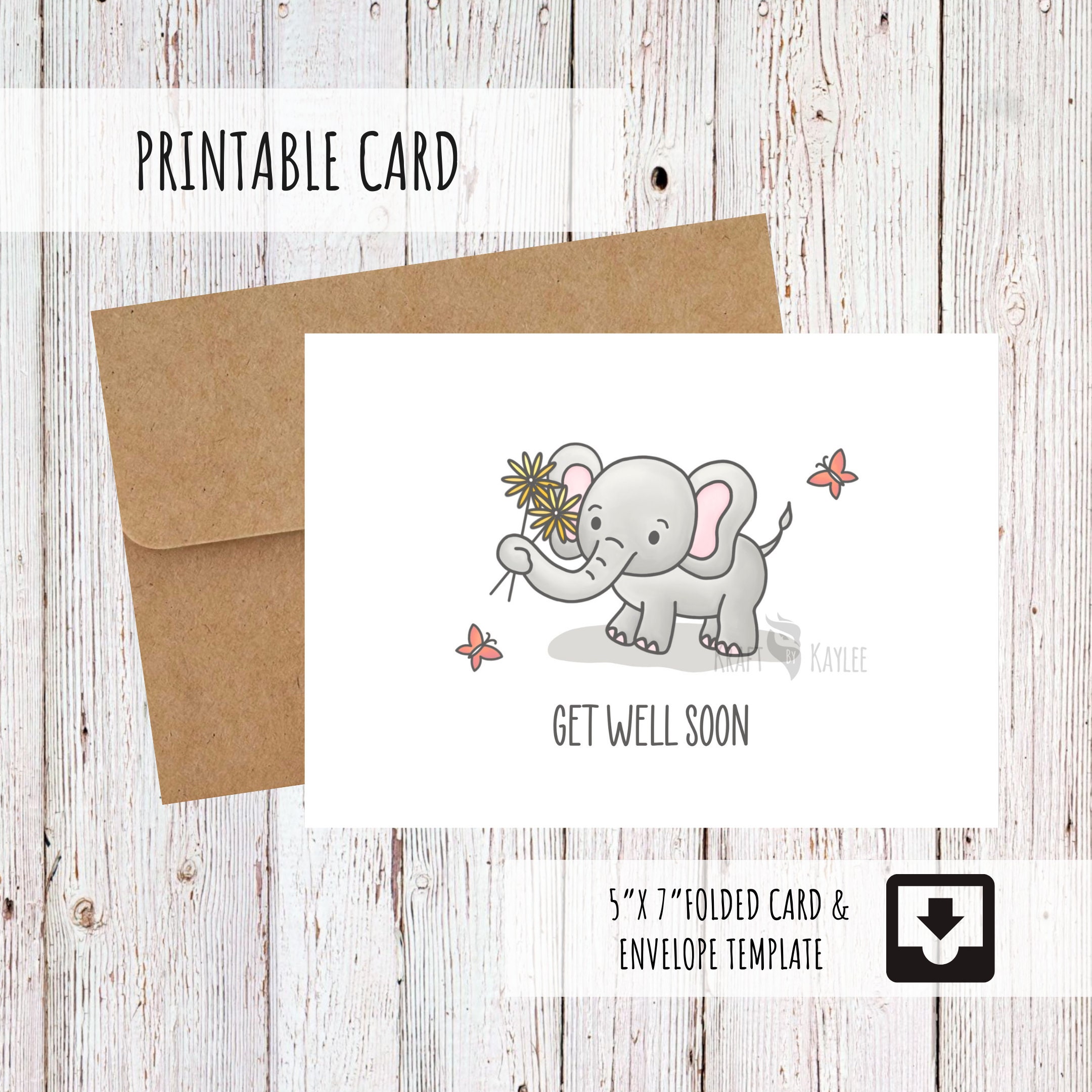Baby Elephant Get Well Soon Printable Card 5x7 Folded | Etsy