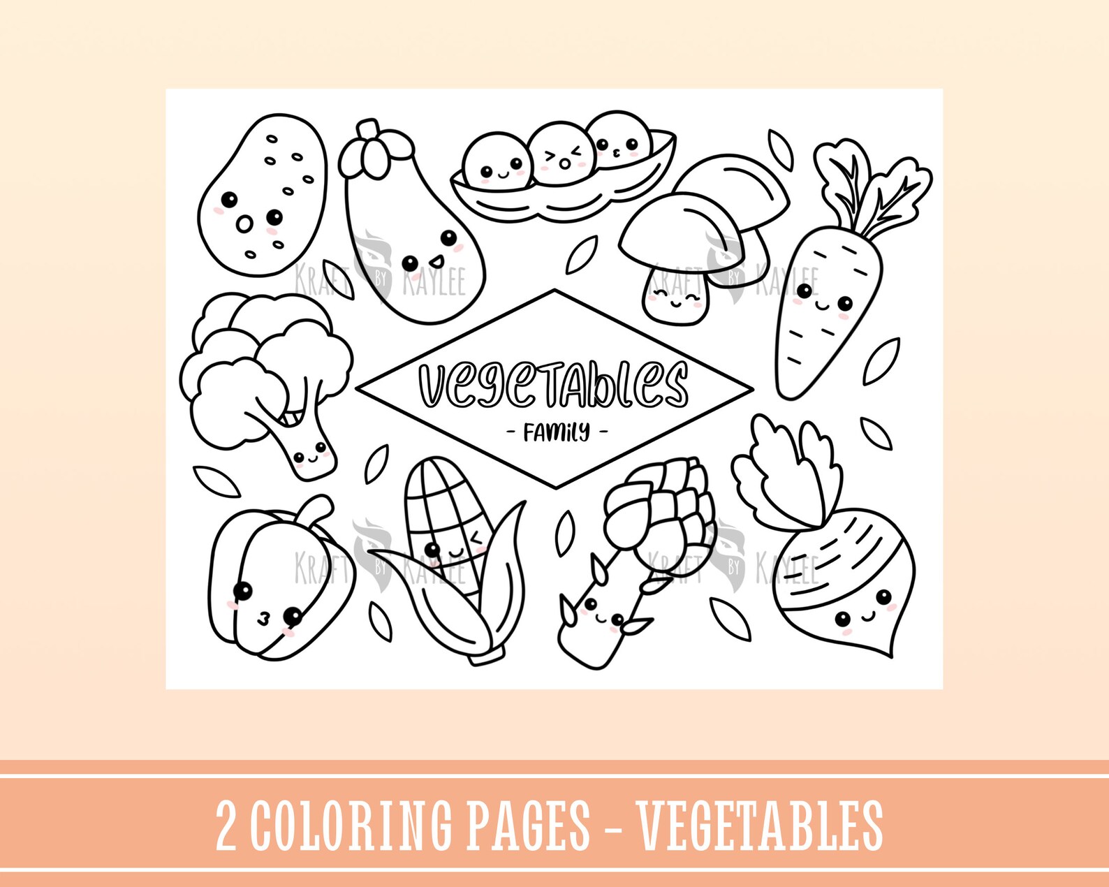 Fruits and Vegetables Coloring Pages (set of 2), Cute Kawaii Coloring ...