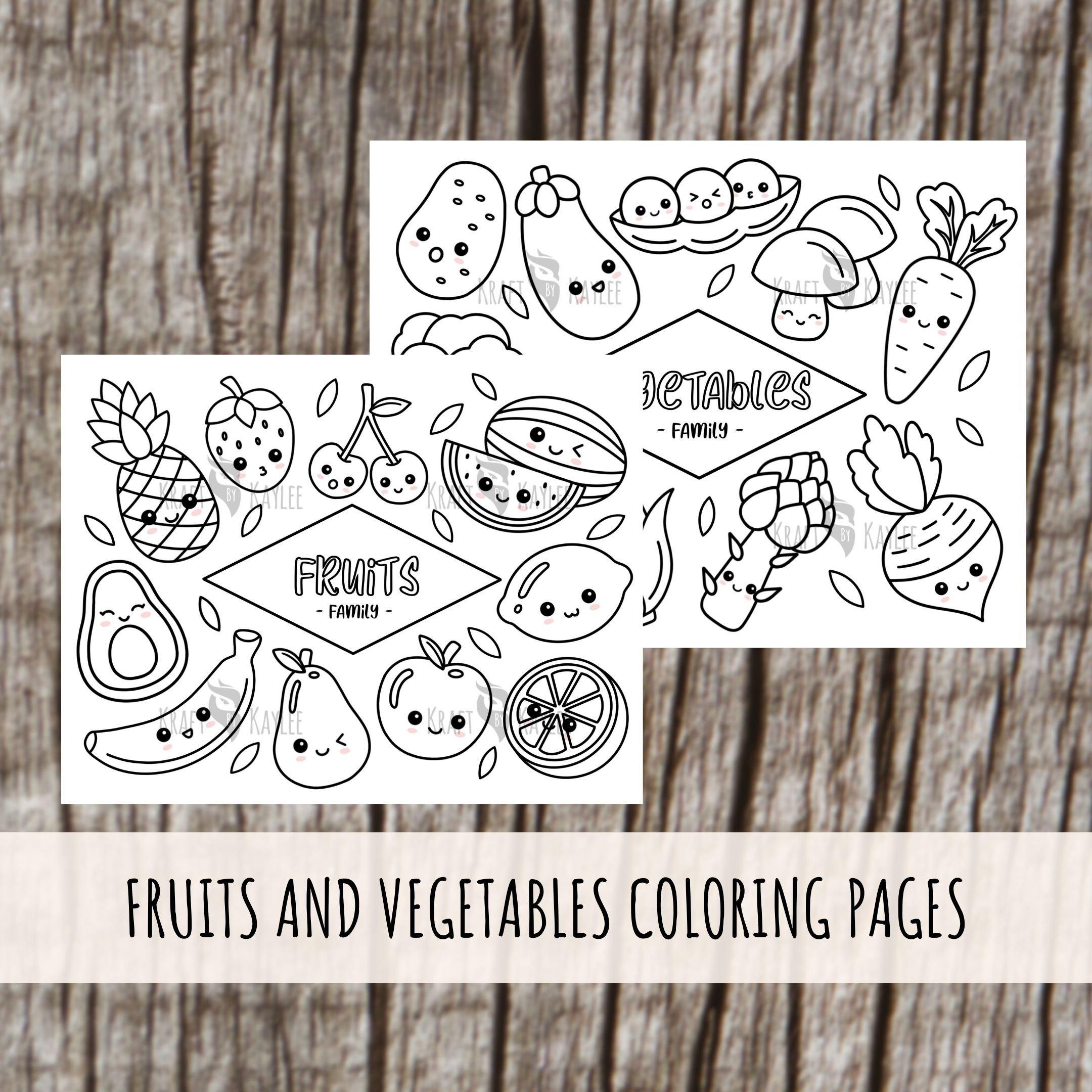 Fruits and Vegetables Coloring Pages Set of 2 Cute Kawaii | Etsy