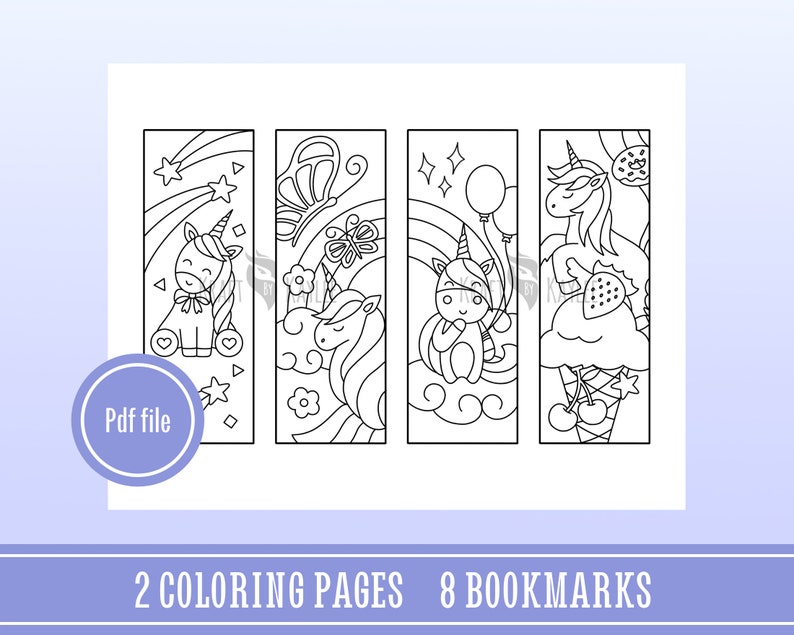 Unicorn Set Coloring Bookmarks (set of 8), Coloring Pages, Printable ...