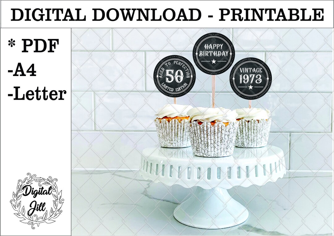 50th Birthday Printable Cupcake Toppers. Edible Cupcake Toppers ...