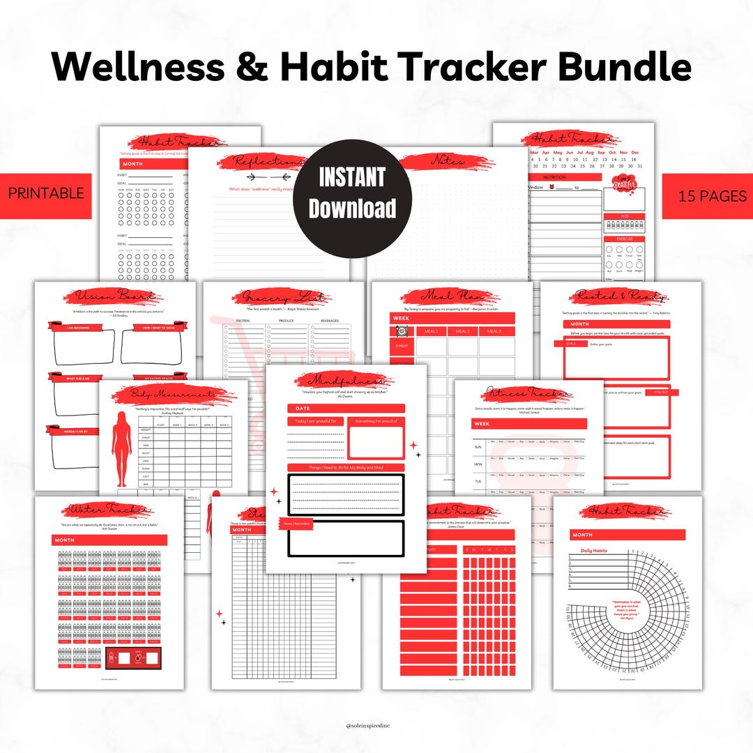 Red and White Wellness and Habit Tracker Bundle – Printable Daily ...
