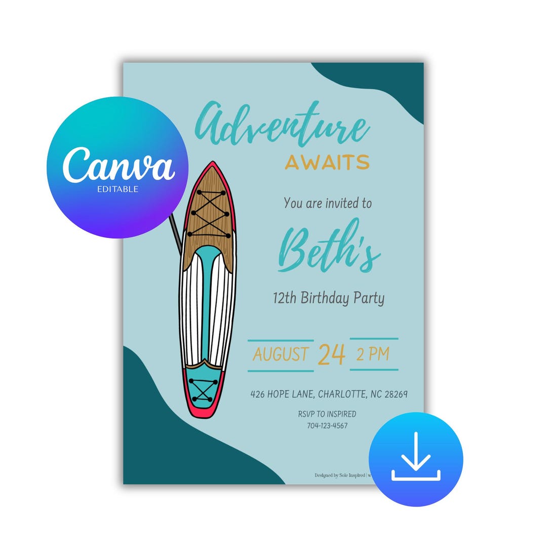 Editable SUP Birthday Invitation | Stand-up Paddleboard Adventure Party ...