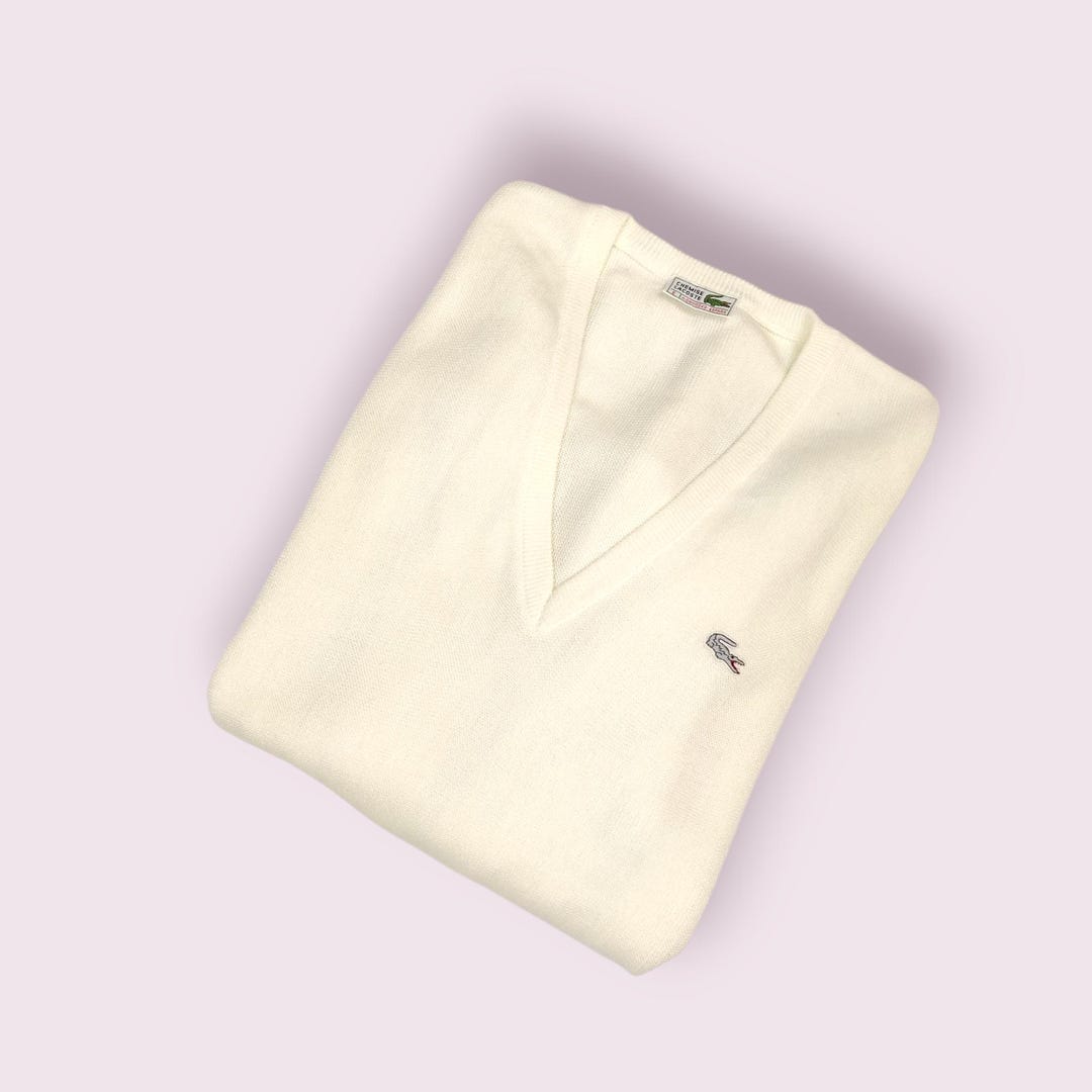 Vintage Retro Lacoste Cream Colour V-neck Sweater. Made in Spain. Size ...
