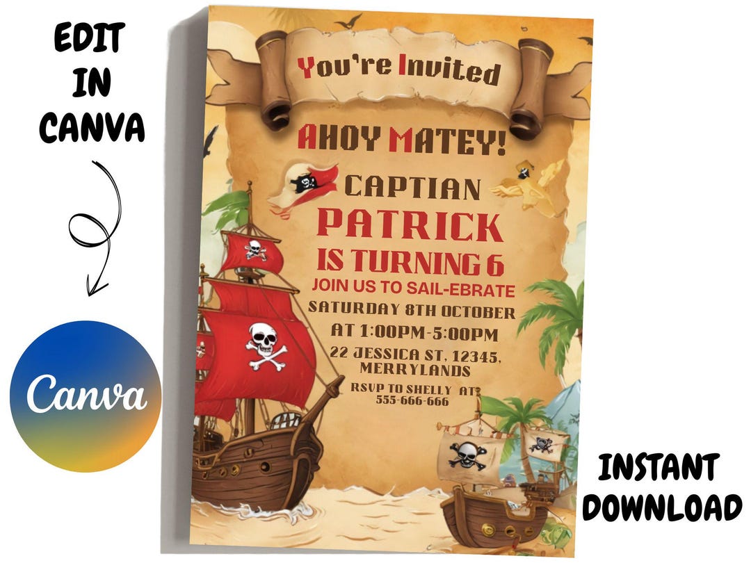 Editable Pirate Birthday Invitation, Pirate Birthday Party Invitation ...