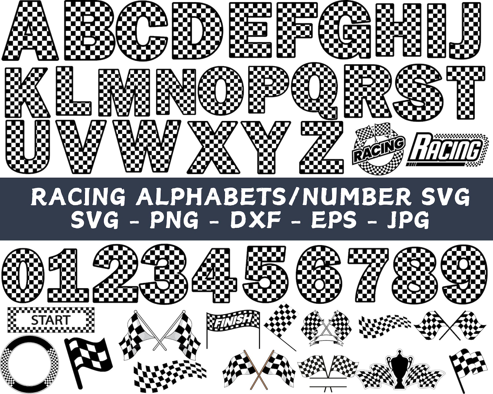 Checkered Racing Flag Alphabet & Numbers: SVG Clipart (digital Download ...