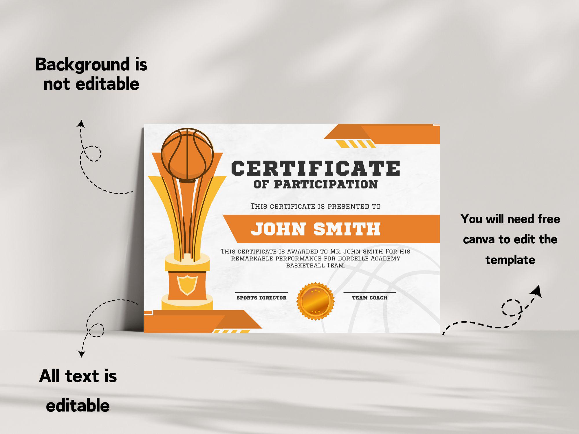 Basketball Awards, Editable Certificate Canva Template, Team Party ...