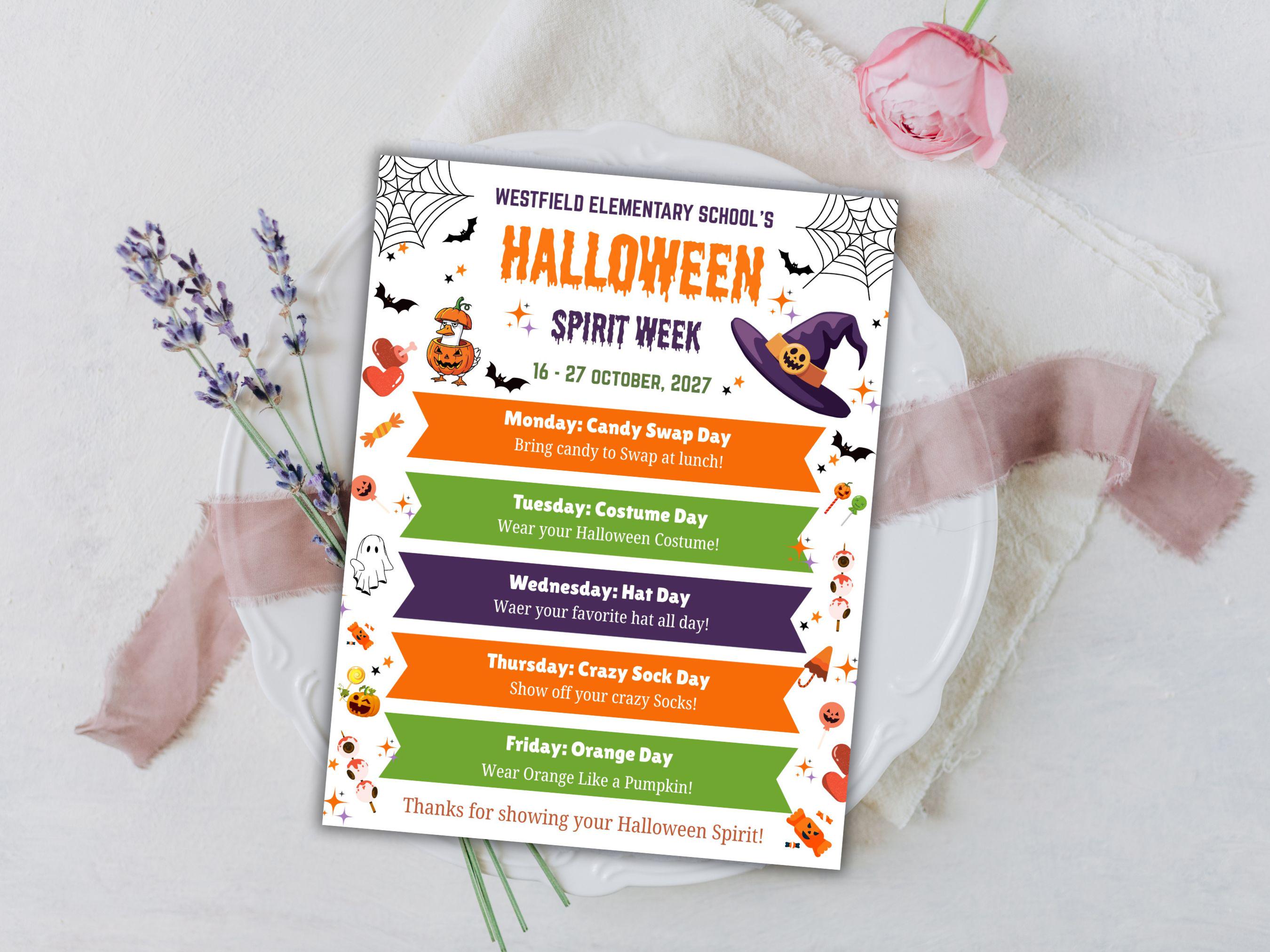 Editable Halloween Spirit Week Flyer: School Events Itinerary (canva ...