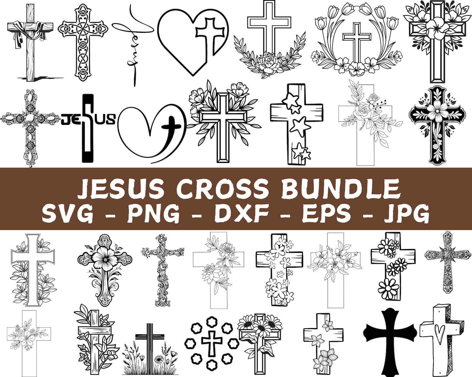 Christian Cross SVG Bundle: Floral, Distressed, Religious Clipart ...