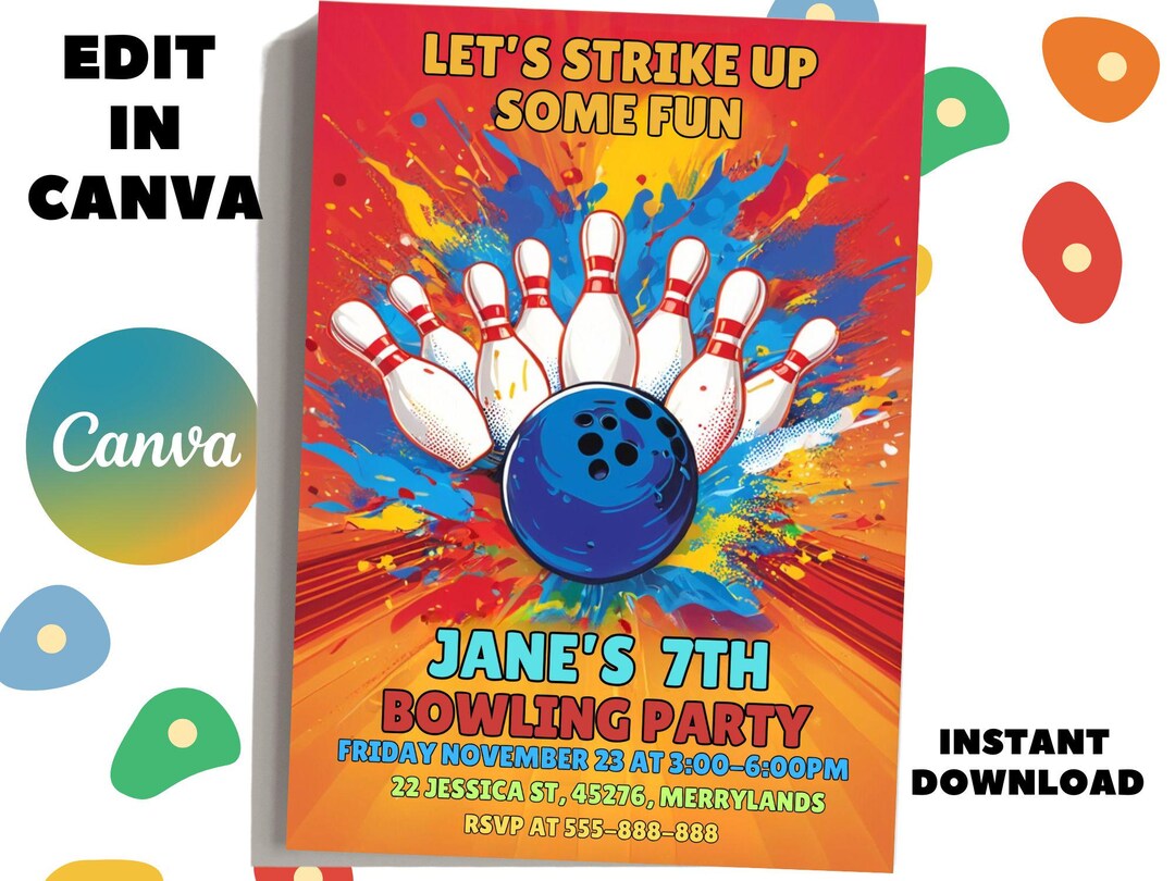 Editable Bowling Party Invitation Template, Girls Bowling Birthday ...