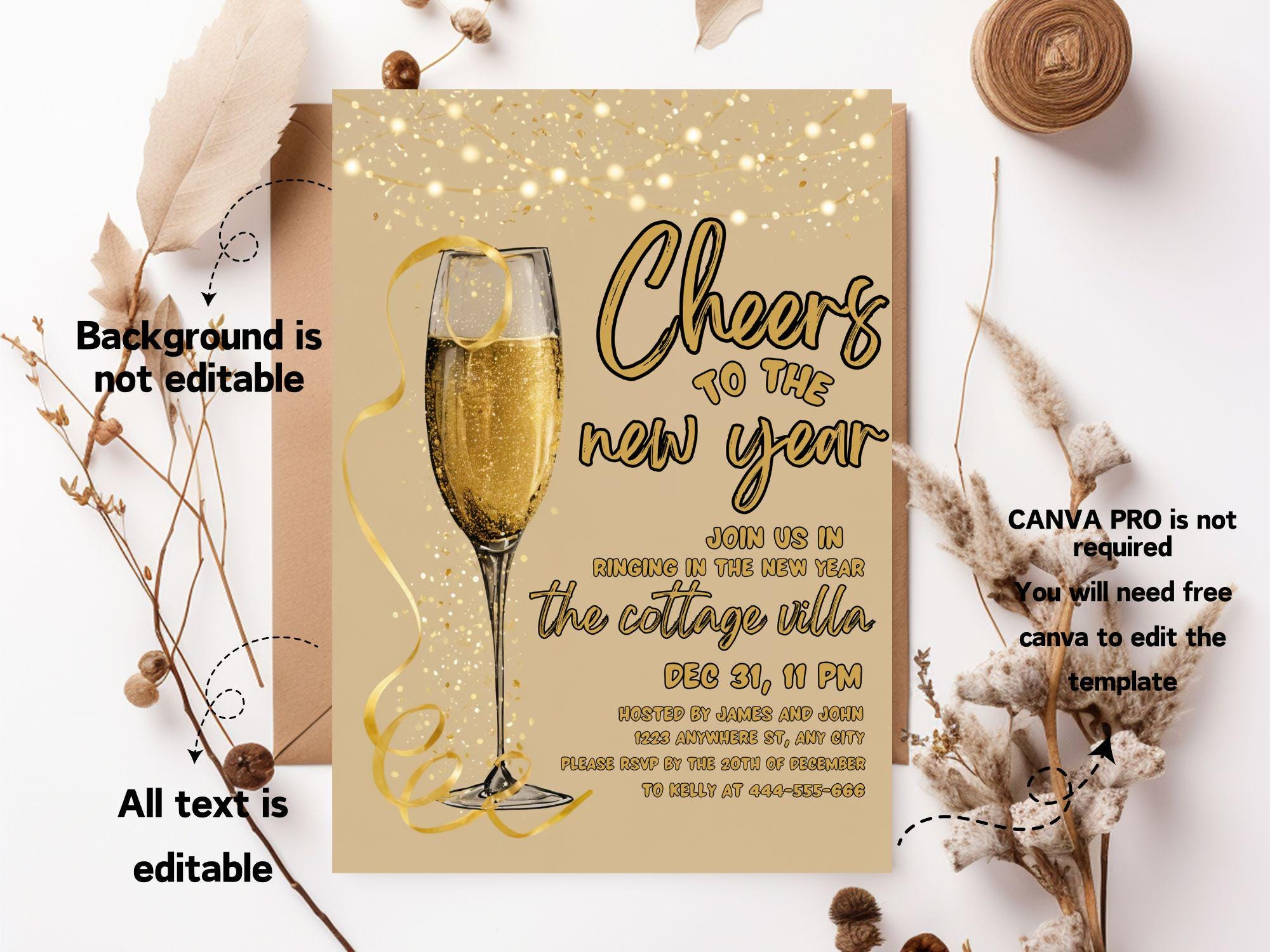 EDITABLE New Years Party Invitation, Cheers to the New Year, Printable ...