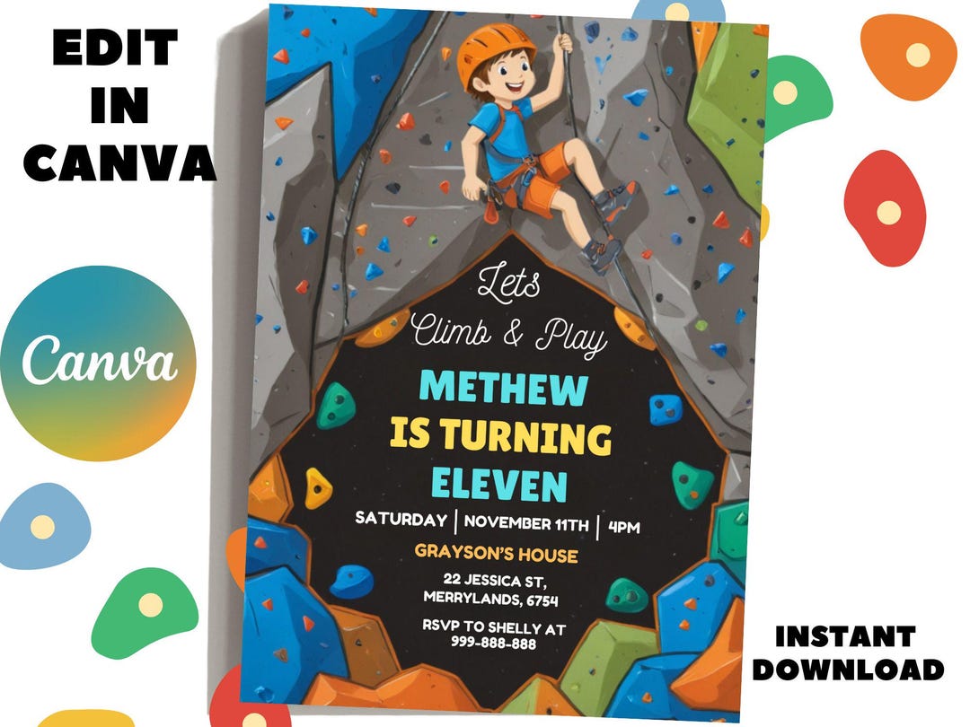 Editable Rock Climbing Birthday Invite, Indoor Climbing Wall Invite ...