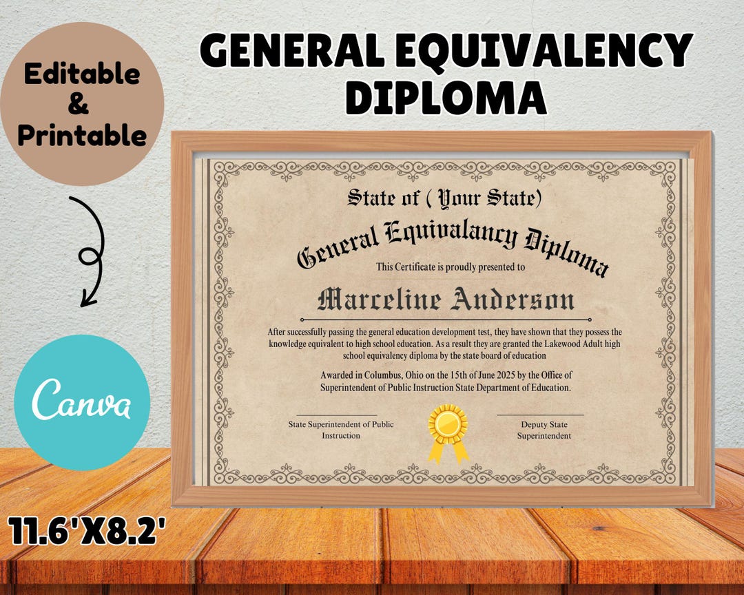 GED Diploma Certificate With Seal, Canva Template, Certificate ...