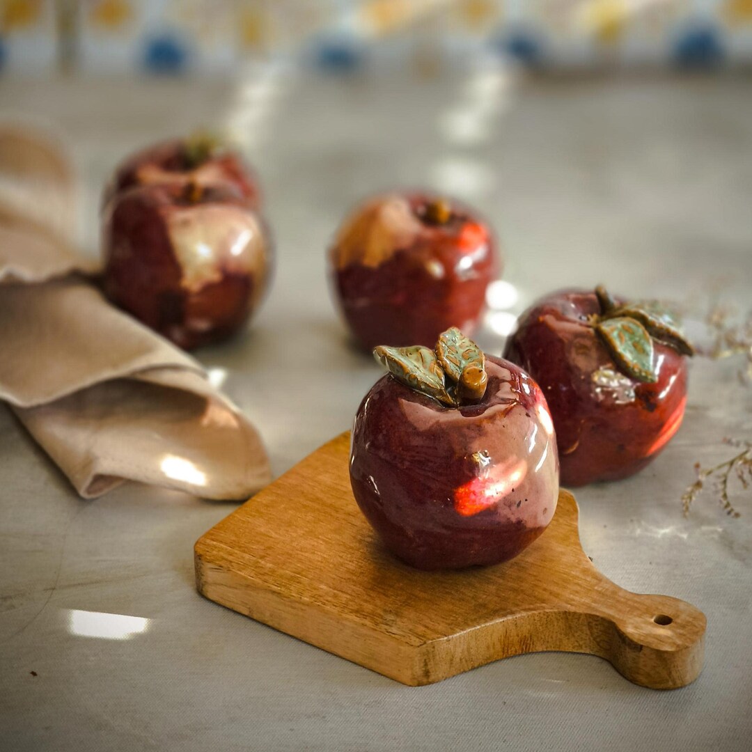 Red Ceramic Apple – Handmade Rustic Fruit Decor – Artisan Kitchen or ...