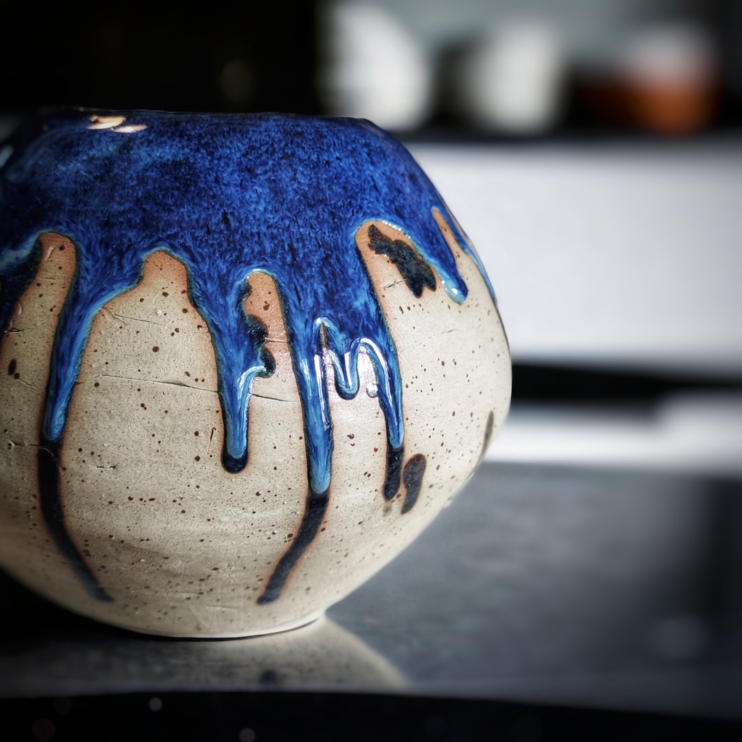 Blue Ceramic Drippy Glaze Vase, Handmade Sculpted Vase, Flowers Pottery ...