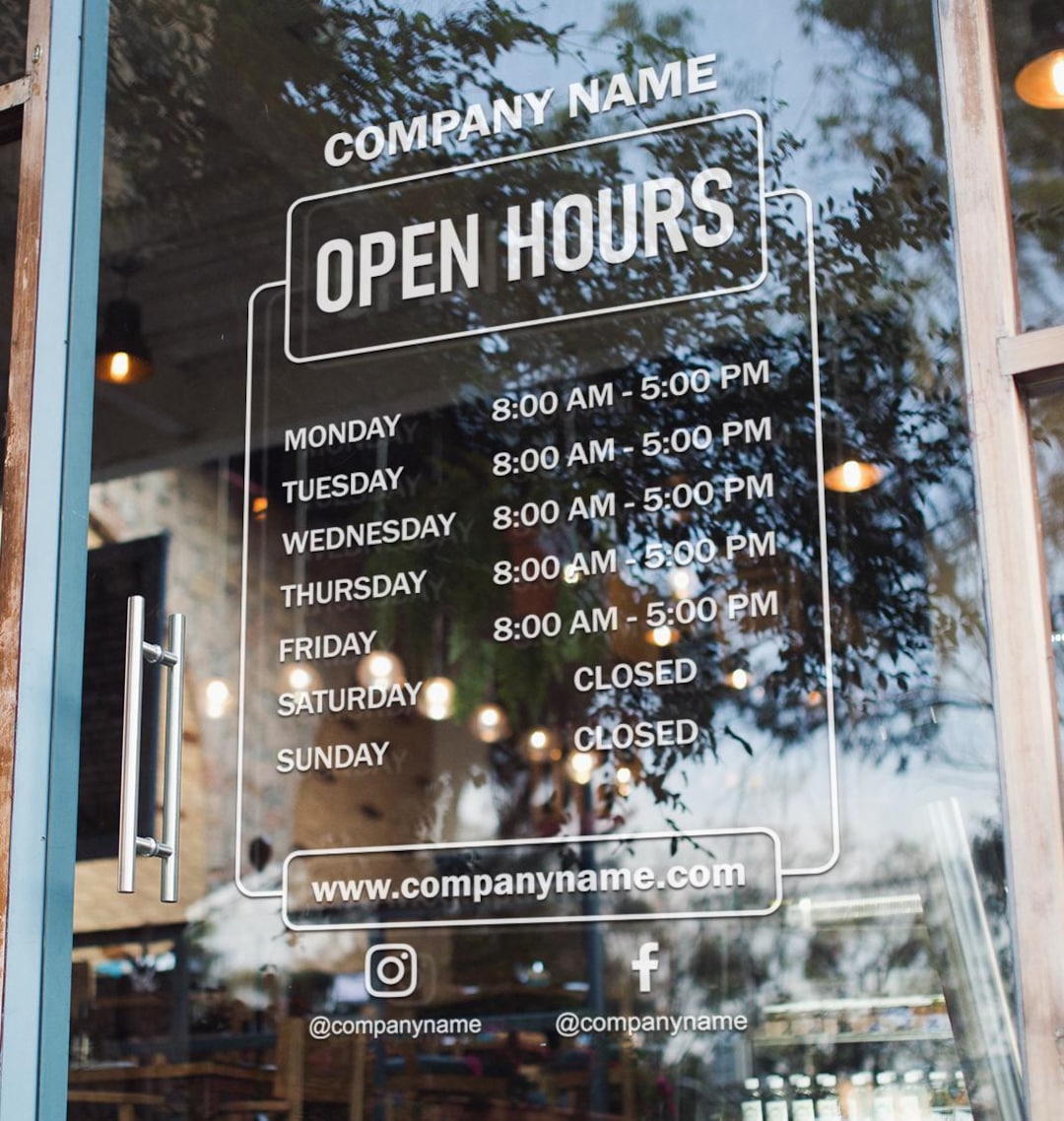 Opening Hours Window Decal, Personalized Business Name, Custom Shop ...