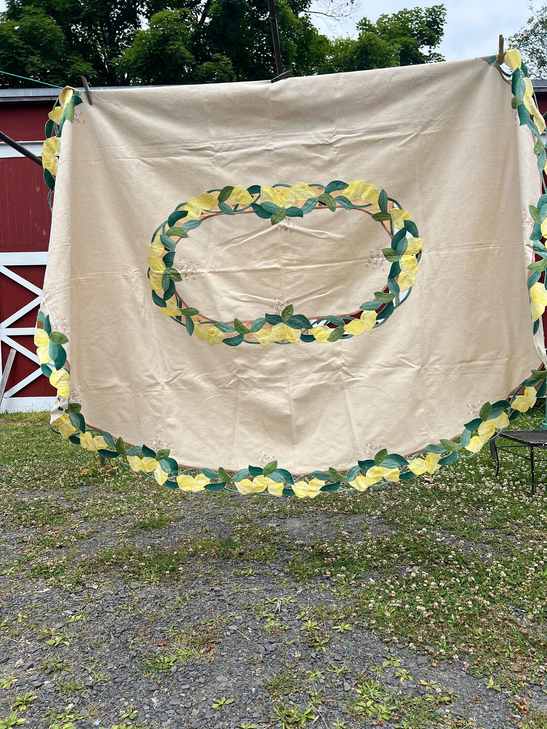 Vintage Linen Tablecloth With Appliqué Lemons Oval With 8 Matching ...