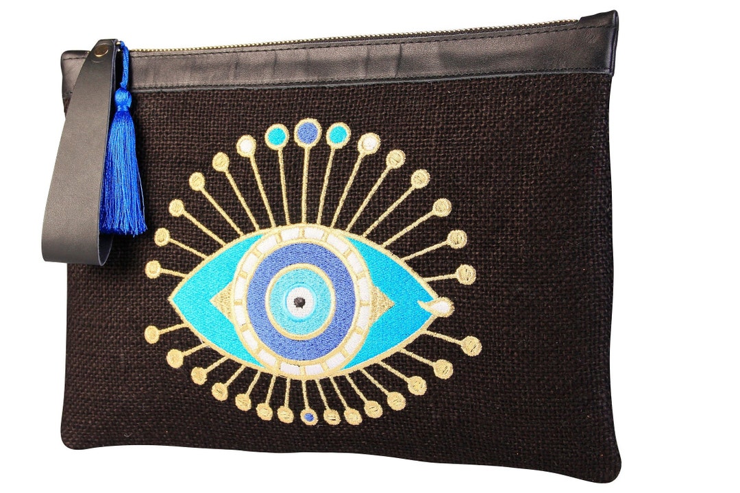 Evil Eye Embroidered Bag, Jute Clutch Bag, Black Evening Bag ...