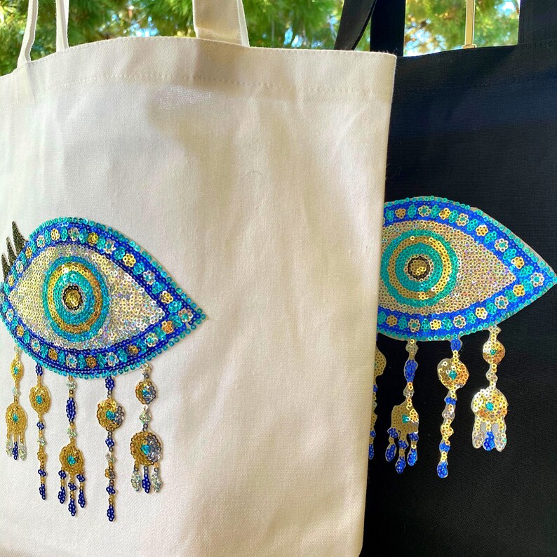 Evil Eye Bag, Canvas Tote Bag for Women, Sequin Patch Small, Evil Eye ...