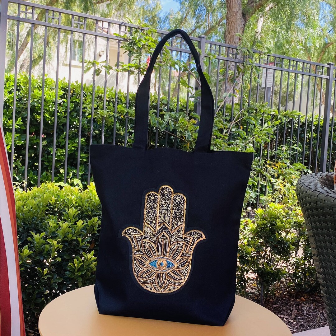 Hamsa Hand Canvas Tote Bag: Black Cotton Beach Bag - Etsy