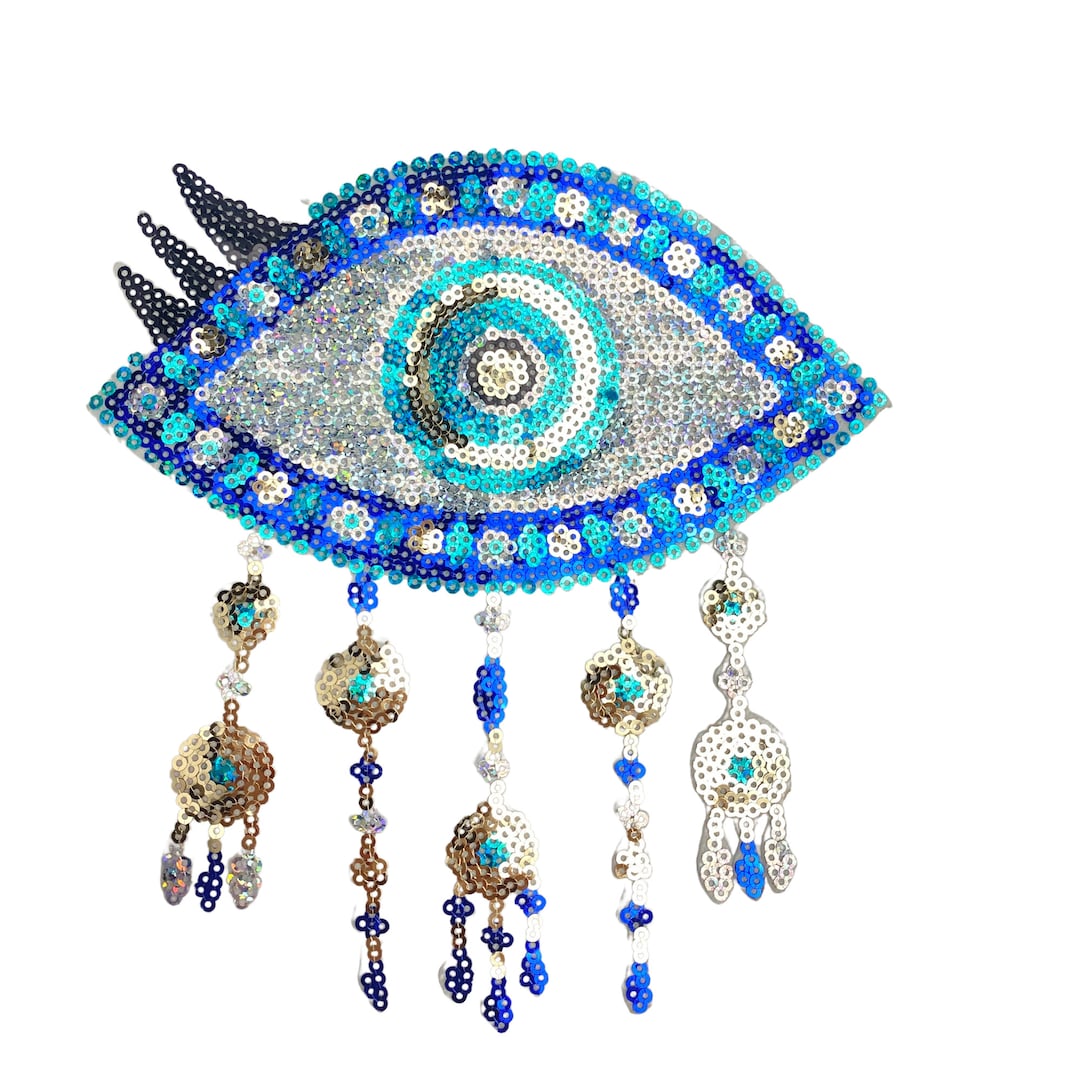 Evil Eye Sequin Patch With Dangles: Blue & Aqua Embroidered Applique - Etsy