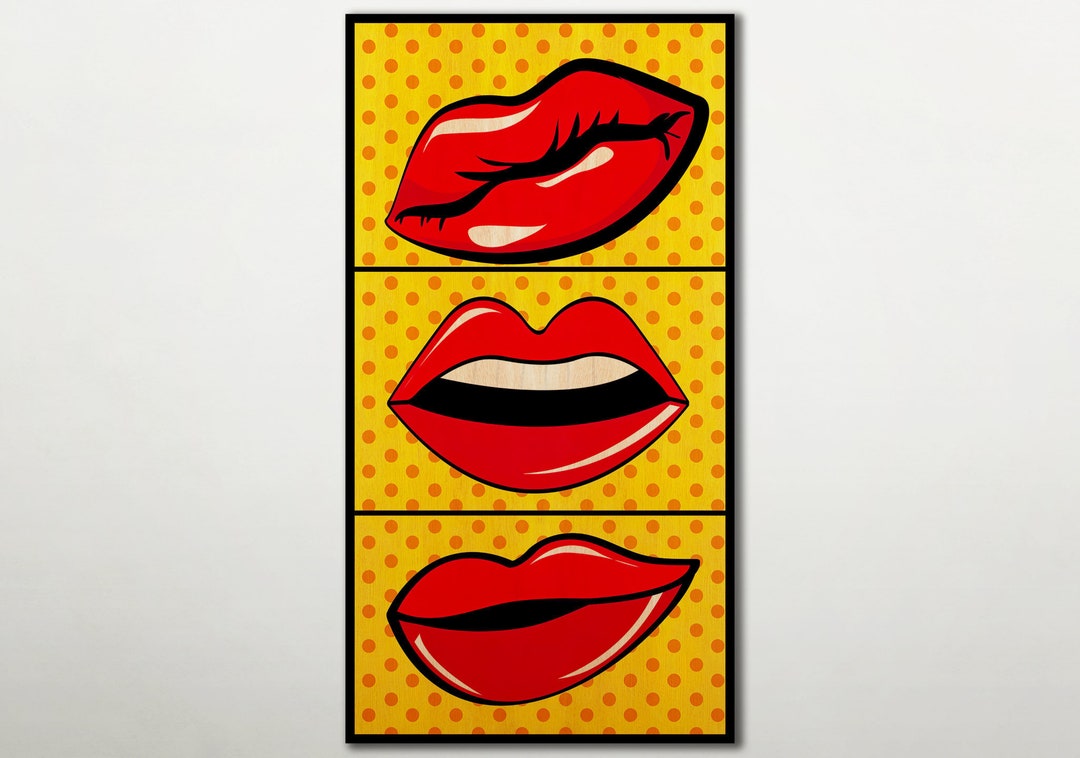 Three Lips Pop Art WOOD Print, Lichtenstein Style Pop Art WOODEN Wall ...