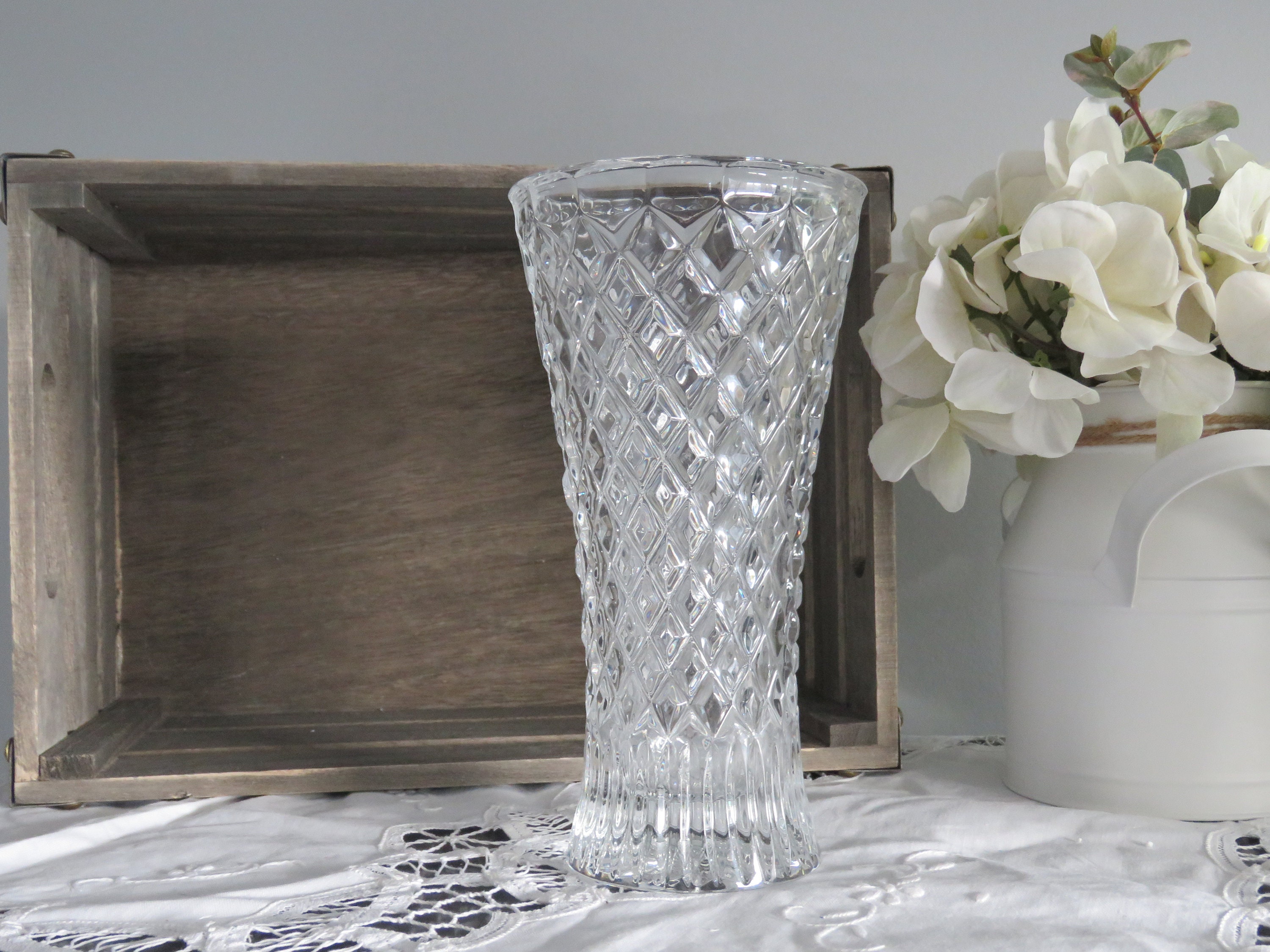 Vintage Diamond Point Crystal Glass Vase - Etsy