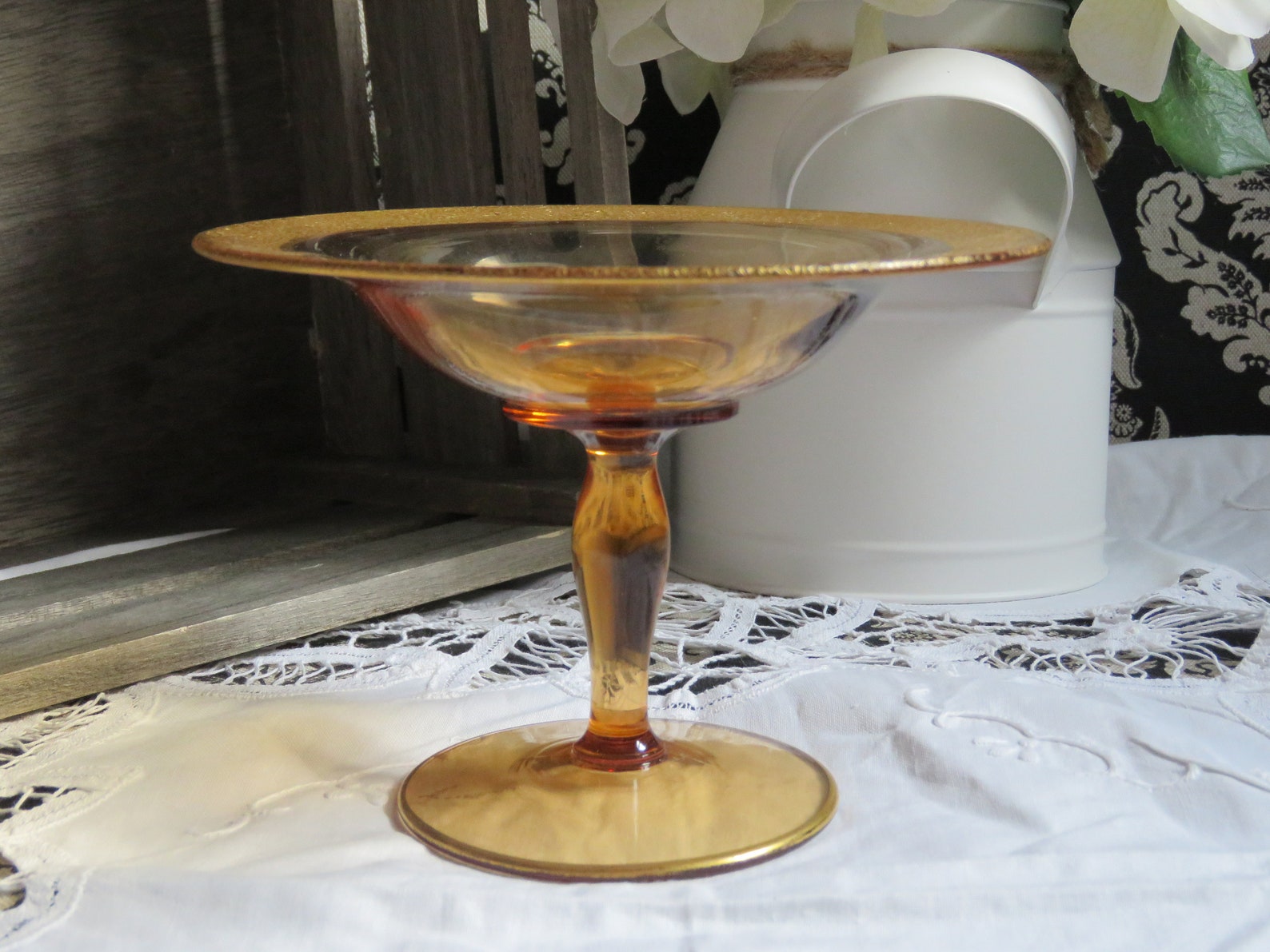 Vintage Amber Depression Glass Compote Dish Gold Trim - Etsy