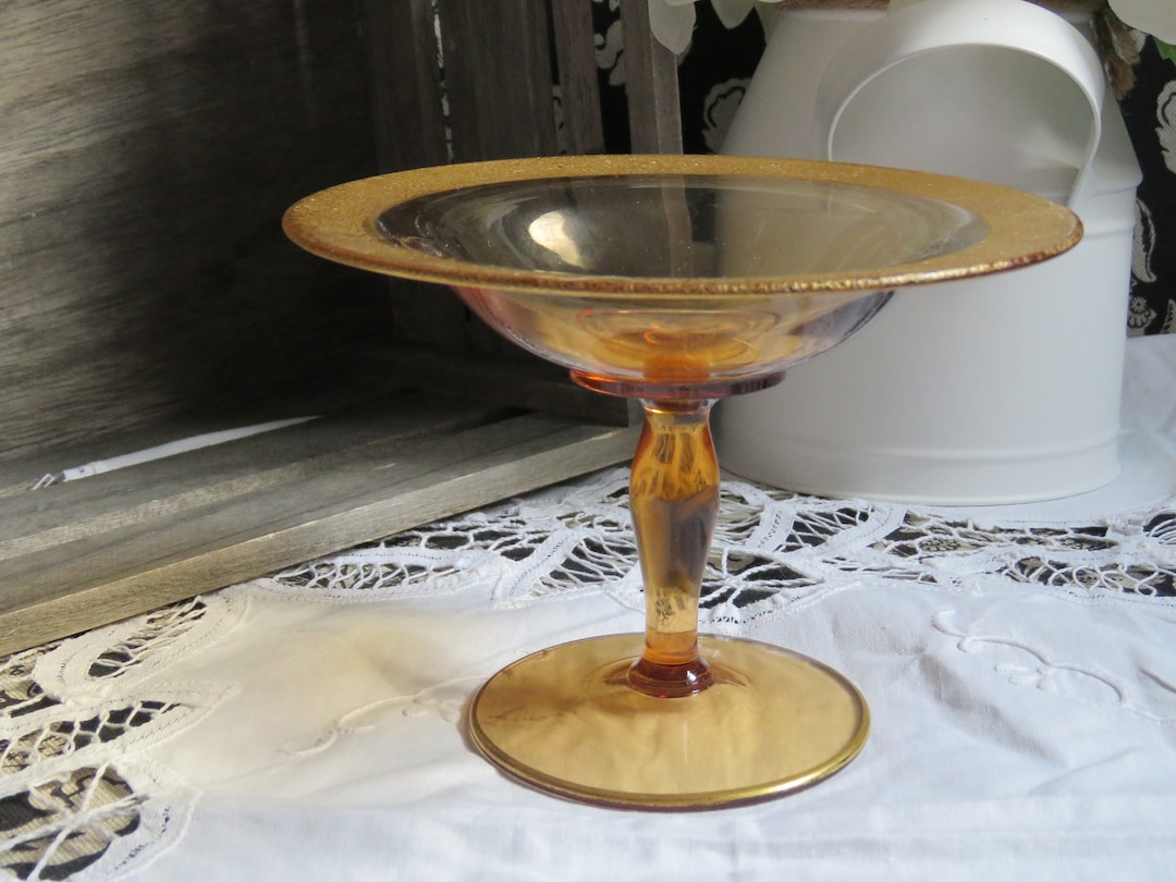 Vintage Amber Depression Glass Compote Dish Gold Trim Pedestal Dish ...