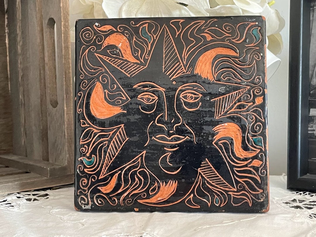 Vintage Hand Painted Art Tile Terracotta Star Decorative Tile Celestial ...