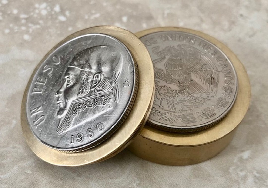 Mexico Coin Pillbox One Peso Vintage Brass Snuff Box Antique Stash ...
