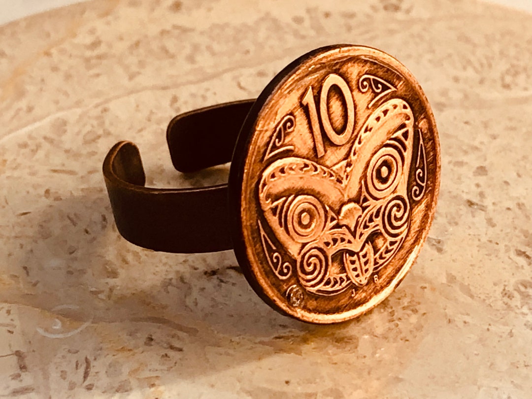 New Zealand Coin Ring New Zealander 10 Cent Maori Korur Mask Adjustable ...