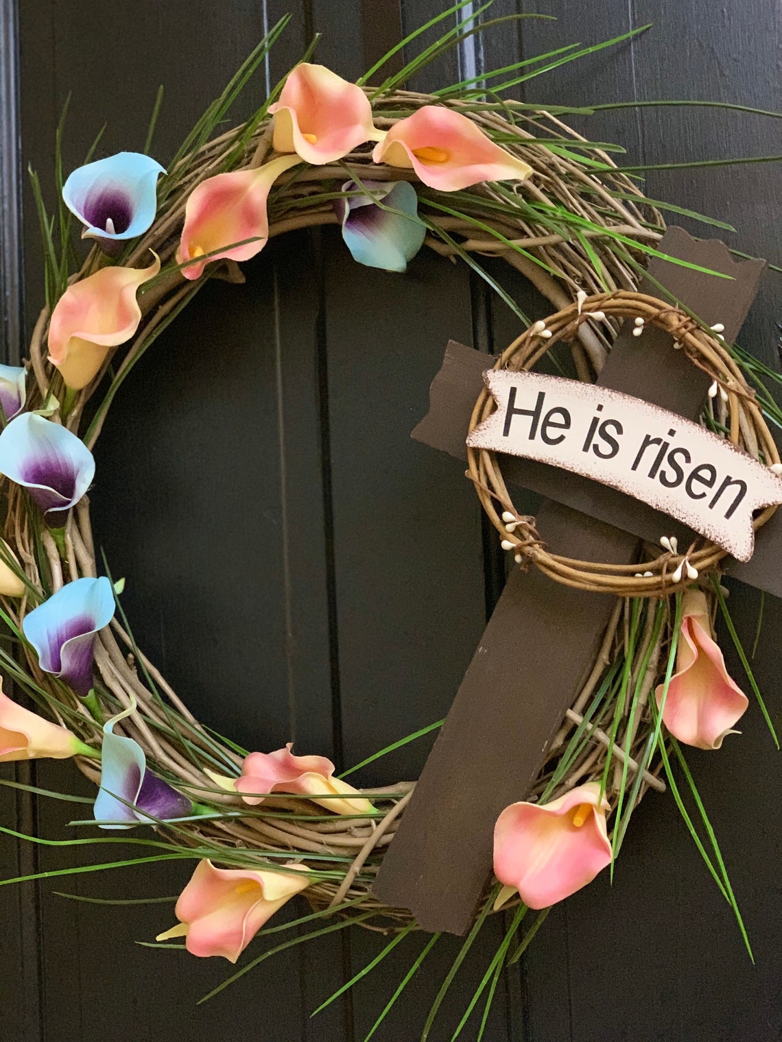 He is Risen wreath Easter wreath with flowers calla lilies | Etsy
