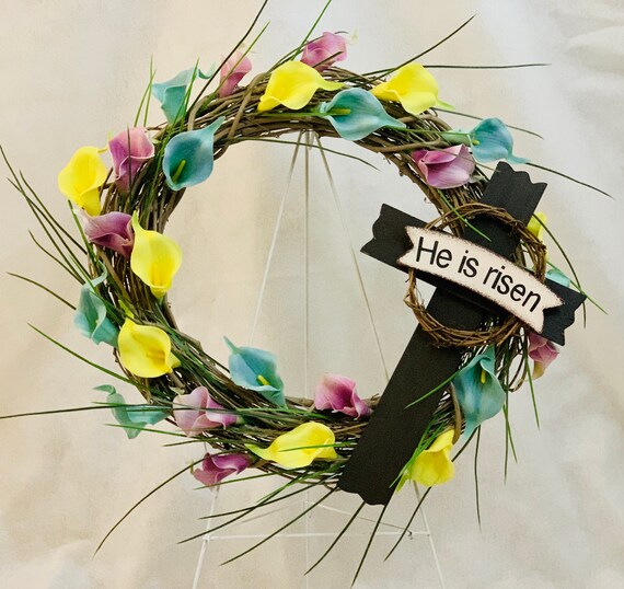 He is Risen wreath Easter wreath with flowers calla lilies | Etsy
