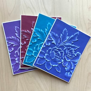 Set of 4 Handmade 3D Embossed Floral Note Cards, Elegant Dark Colors - Etsy