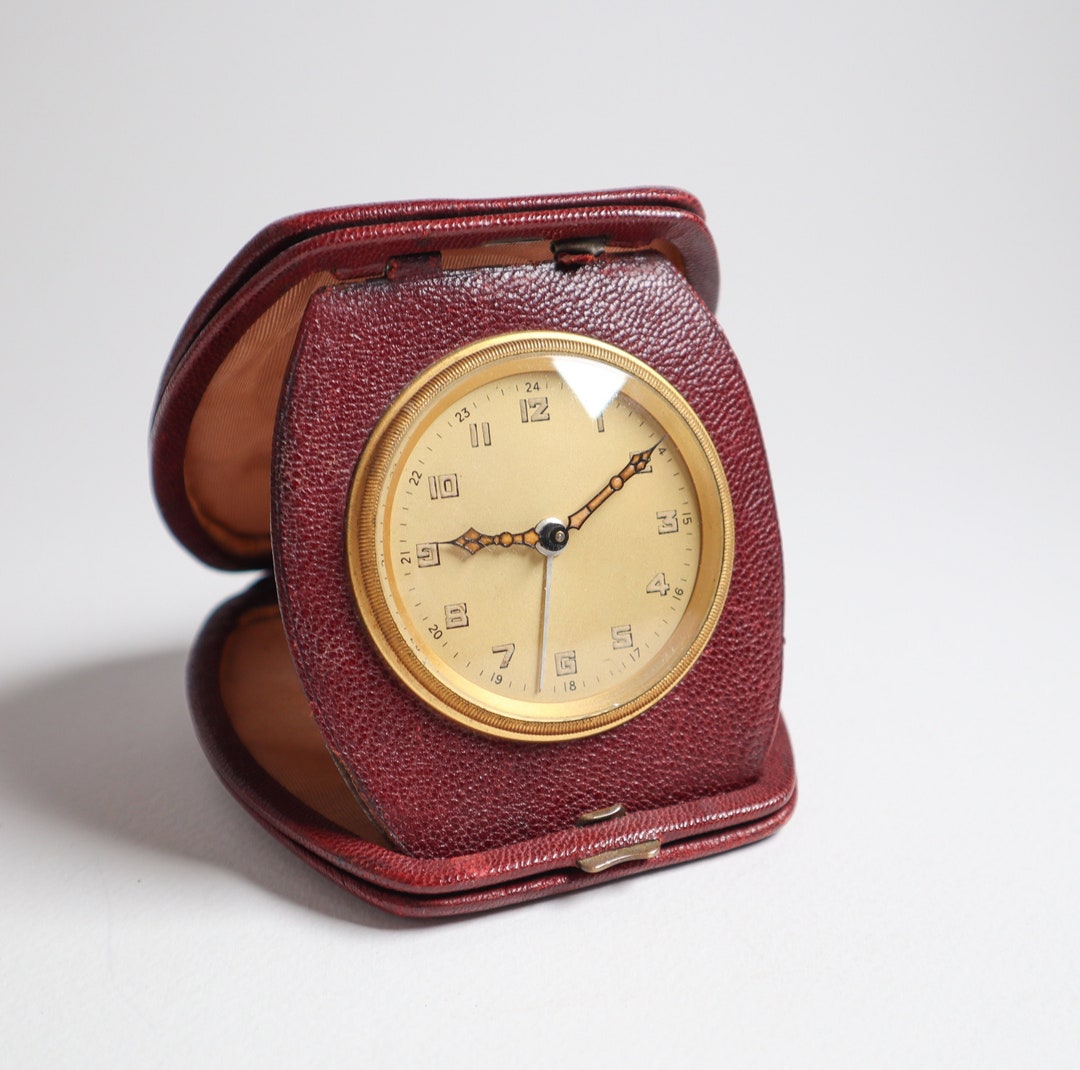 Antique Swiss Made Travel Clock in Leather Case: Key Wind Alarm, 1930s ...