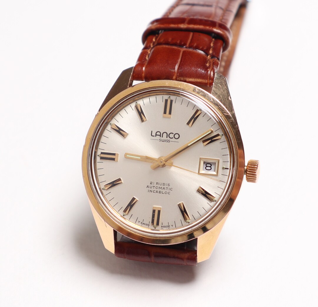 Vintage Swiss Lanco Automatic Watch: Gold Plated Case, Sunburst Silver ...