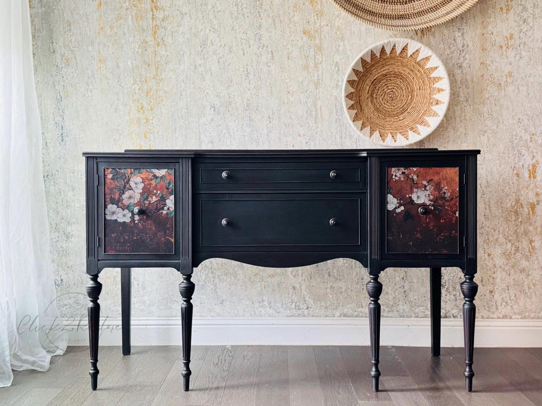 Antique Black Buffet: Restored Wood Sideboard, Decoupage Doors - Etsy