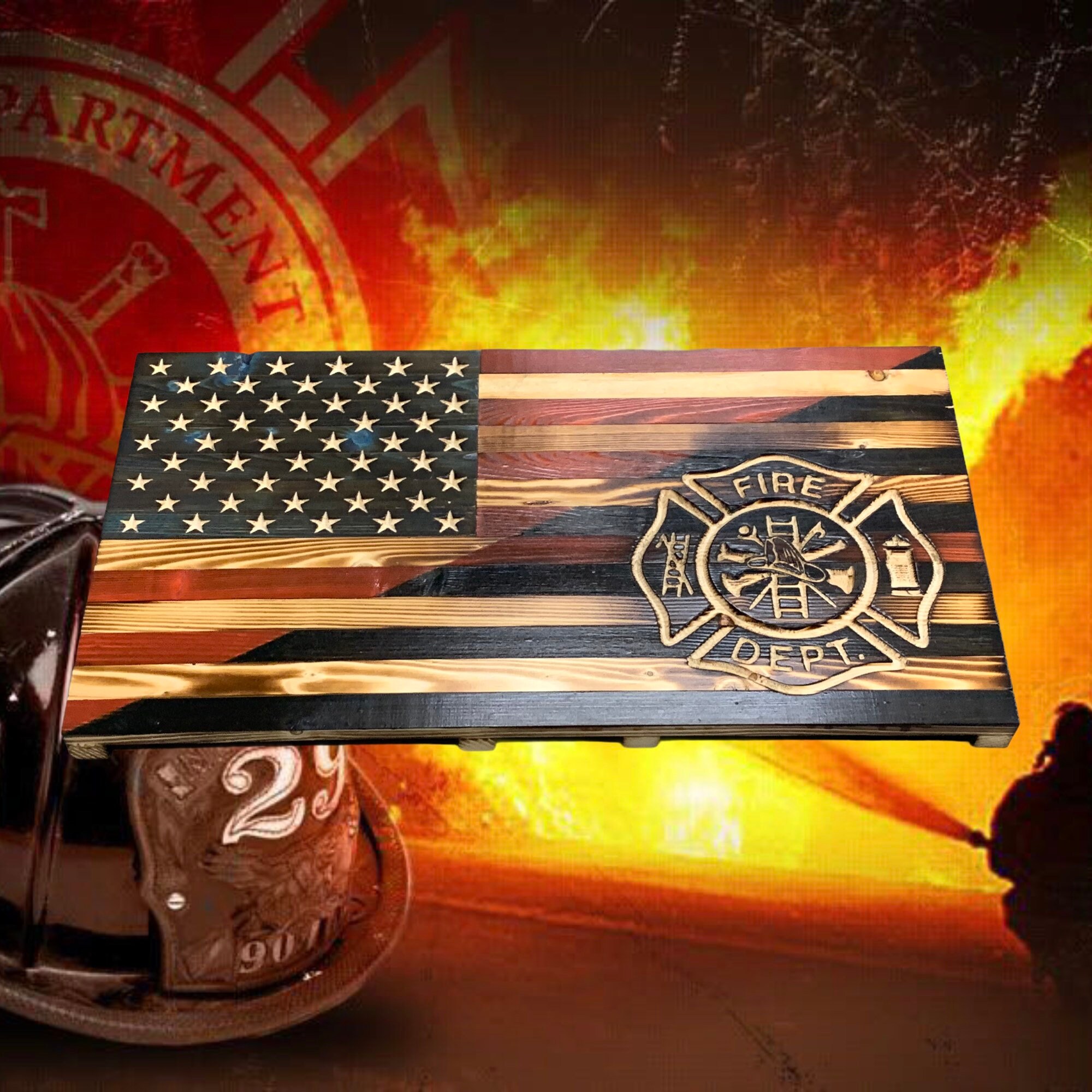 Wooden firefighter flag-rustic firefighter flag-custom | Etsy