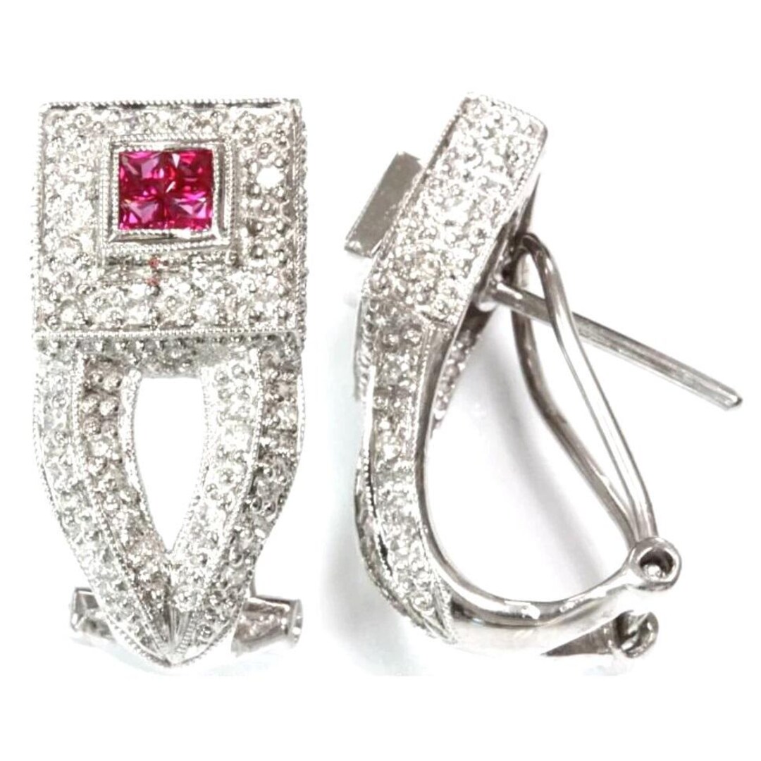 1 Ctw Natural Red Ruby & Diamond Omega Back Earrings / Square Milgrain ...