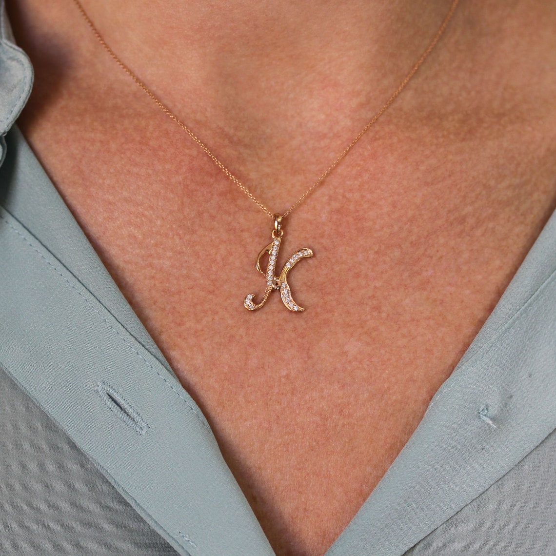 Solid 14k Gold Letter K Pendant / Initial Pendant / 0.1 Ctw - Etsy