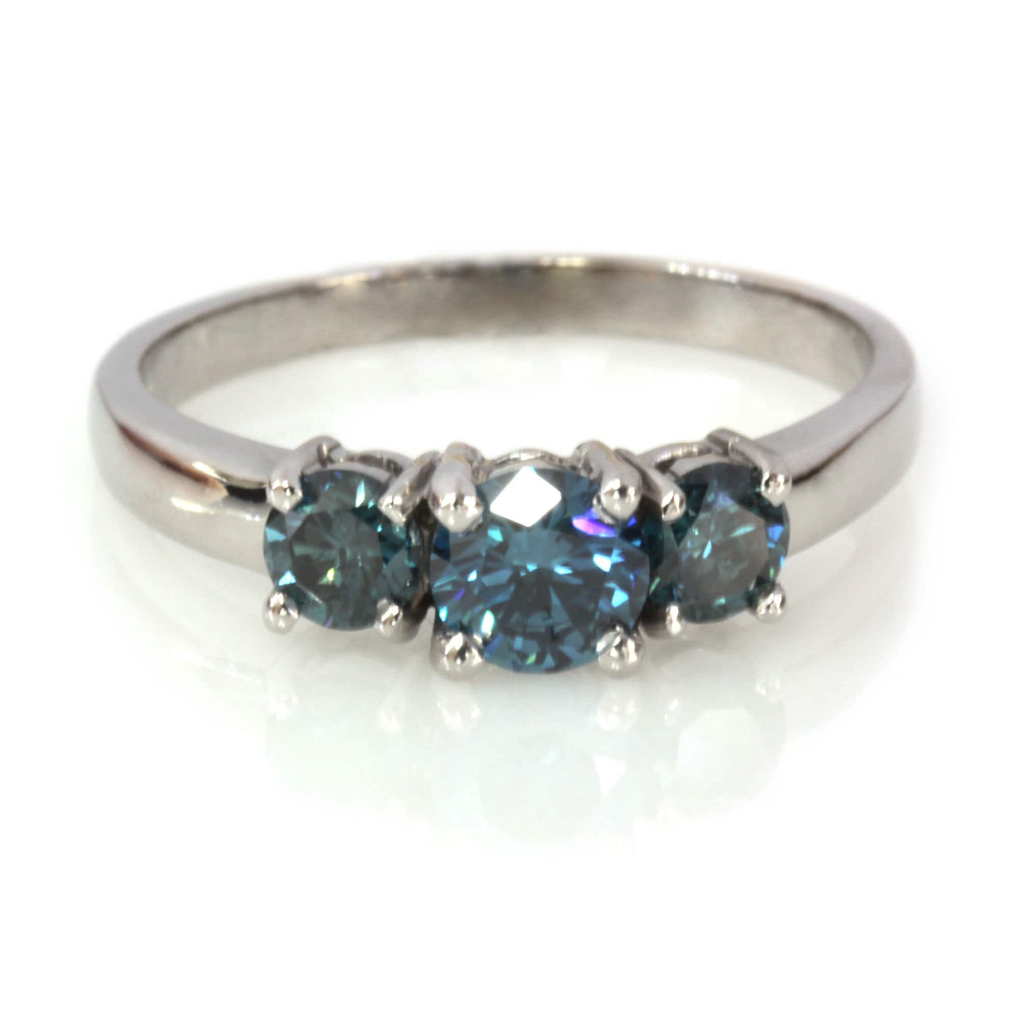1 Ctw Natural Blue Diamond 3 Stone Engagement Ring / Solid 14k 18k Gold ...