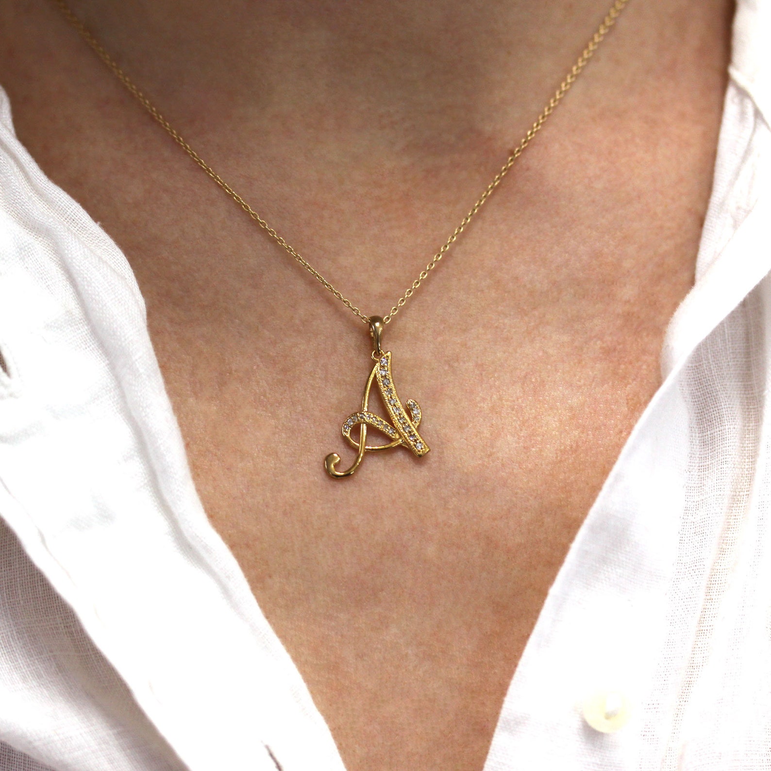 Solid 14k Gold Letter A Pendant / Initial Pendant / 0.1 Ctw Natural ...