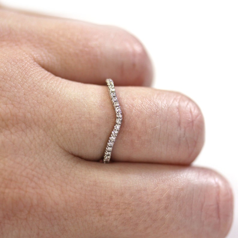 Curved Ring / Natural Diamond Wedding Band / Solid 14k 18k | Etsy