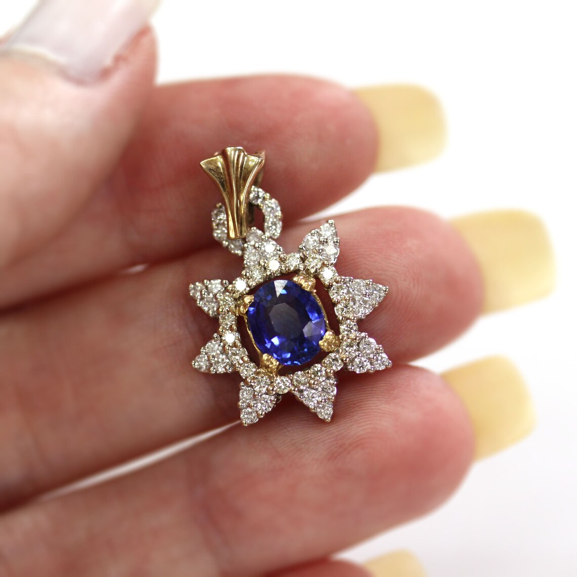 2.7 Ctw Natural Blue Sapphire & Diamond Snowflake Pendant / Solid 14k ...