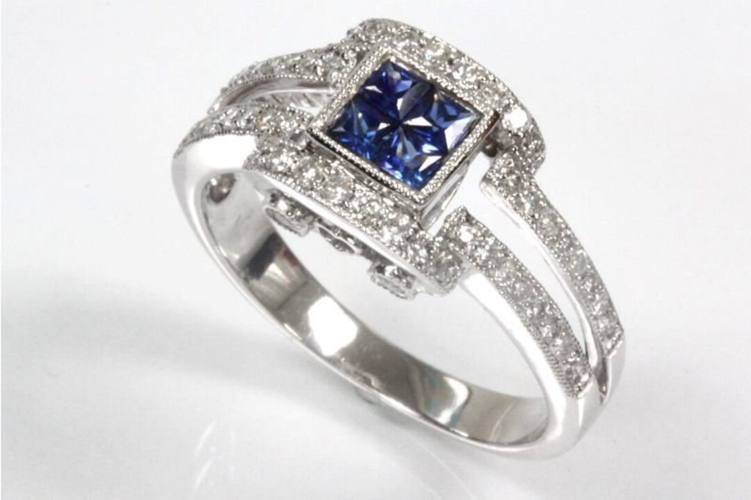 0.8 Ct Tw Natural Blue Princess Cut Sapphire & Diamond Solid Gold ...